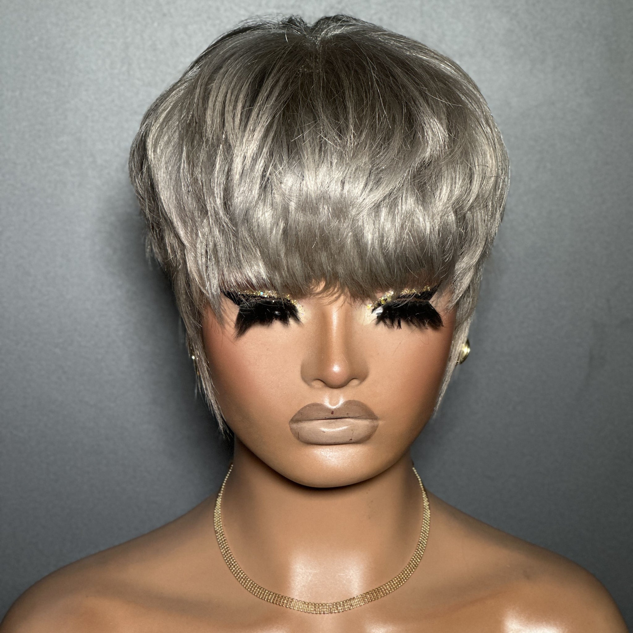 Grey Natural Realistic Glueless Short Pixie Cut Bangs Wig – coracrown