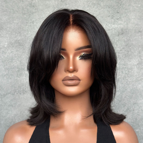 Face-Framing Sleek Swoop Bangs Layered Bob 5x5 Lace Human Hair Wig ...