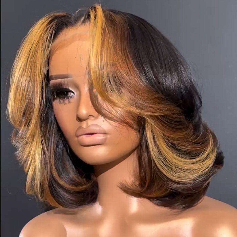 Short Layered Bob With Honey Blonde Highlights 5x5 Lace Closure Wig ...