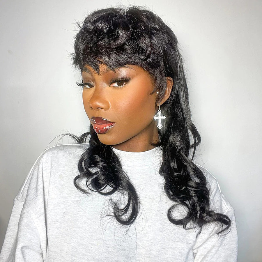 Vintage Mullet Quick Weave Glueless Pixie Cuts Human Hair Wig With Ban ...