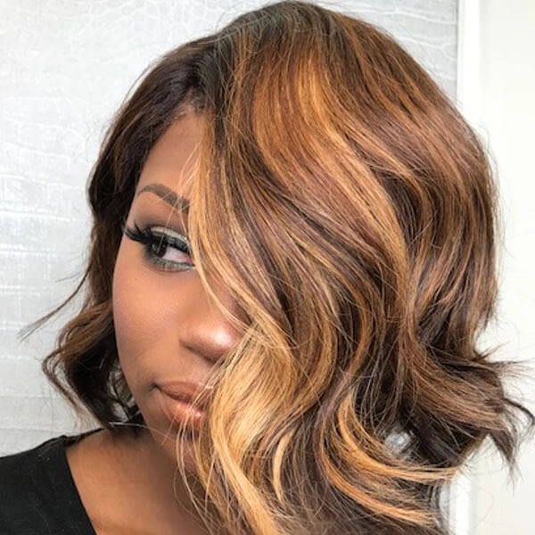 13x4 Lace Frontal Short Asymmetrical Wavy Bob Caramel Highlights Wig ...